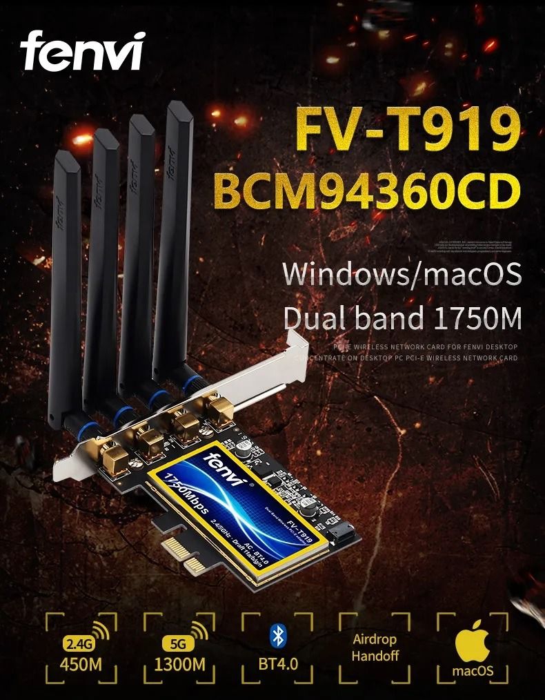 Fenvi FV-T919 1750Mbps Dual-band BT 4.0 Broadcom BCM94360CD Hackintosh Wifi PCIe Wireless ...