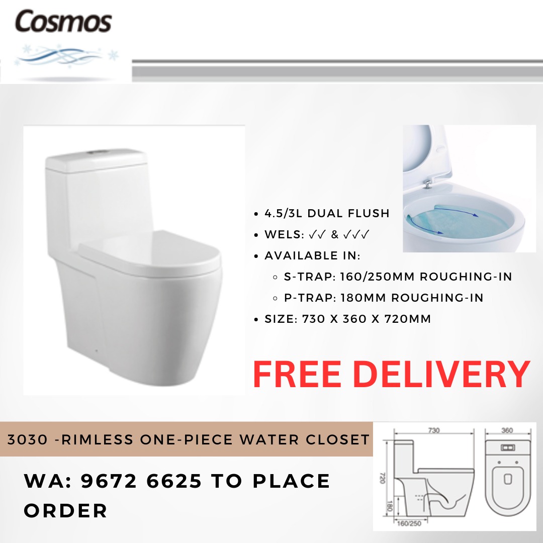 [FREE DELIVERY] 3030: Cosmos Rimless One-Piece Toilet Bowl, Furniture ...