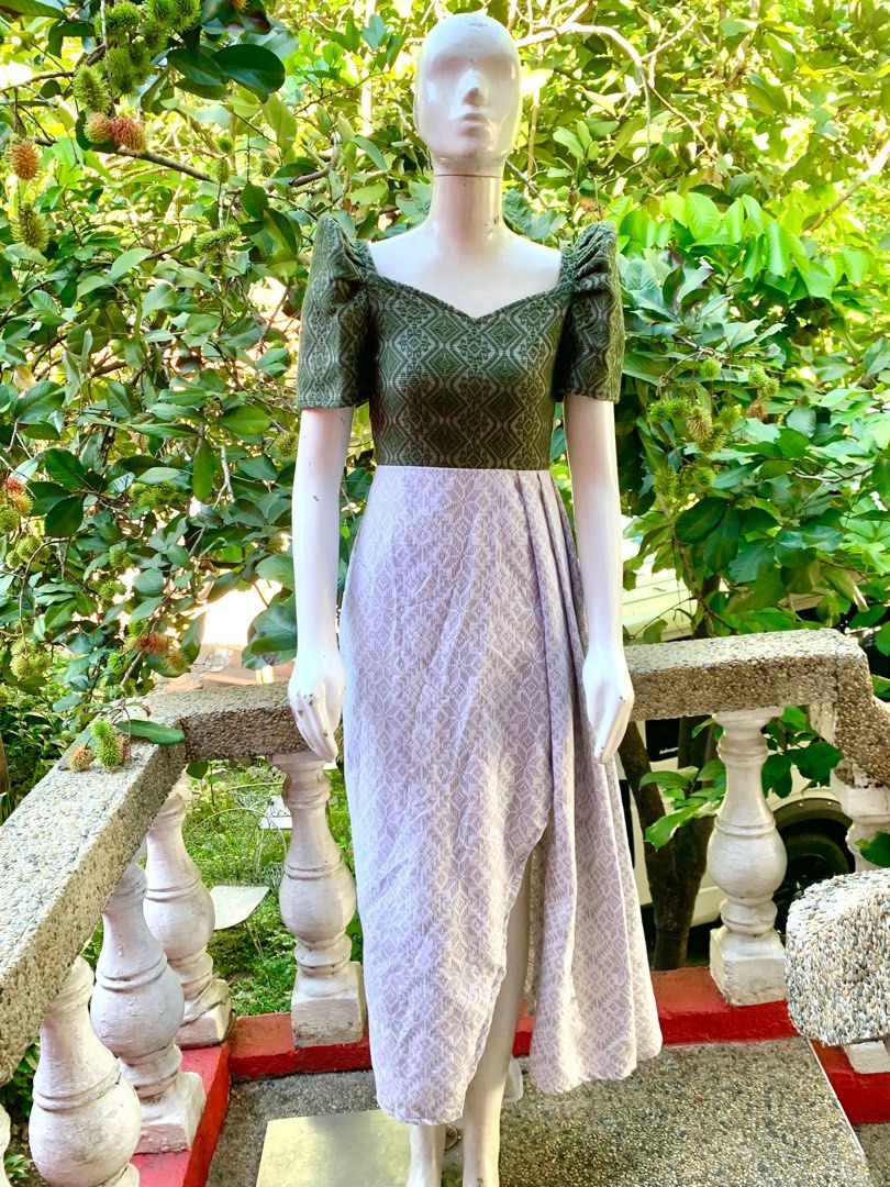 GREEN AND GRAY (WHITE) INABEL HANDWOVEN FILIPINIANA LONG DRESS FOR RENT ...
