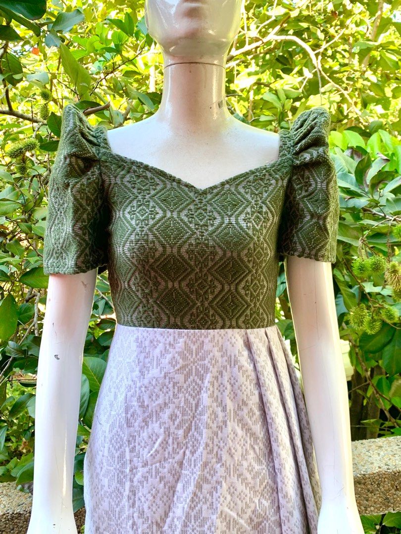 GREEN AND GRAY (WHITE) INABEL HANDWOVEN FILIPINIANA LONG DRESS FOR RENT ...