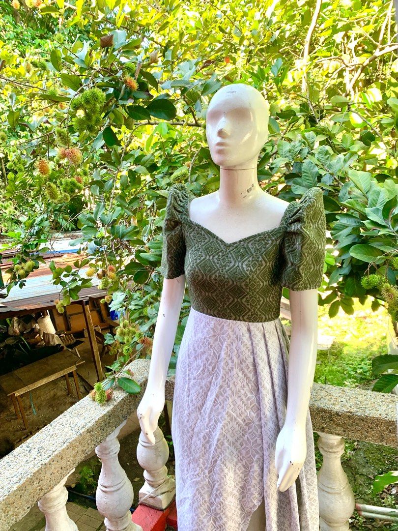GREEN AND GRAY (WHITE) INABEL HANDWOVEN FILIPINIANA LONG DRESS FOR RENT ...