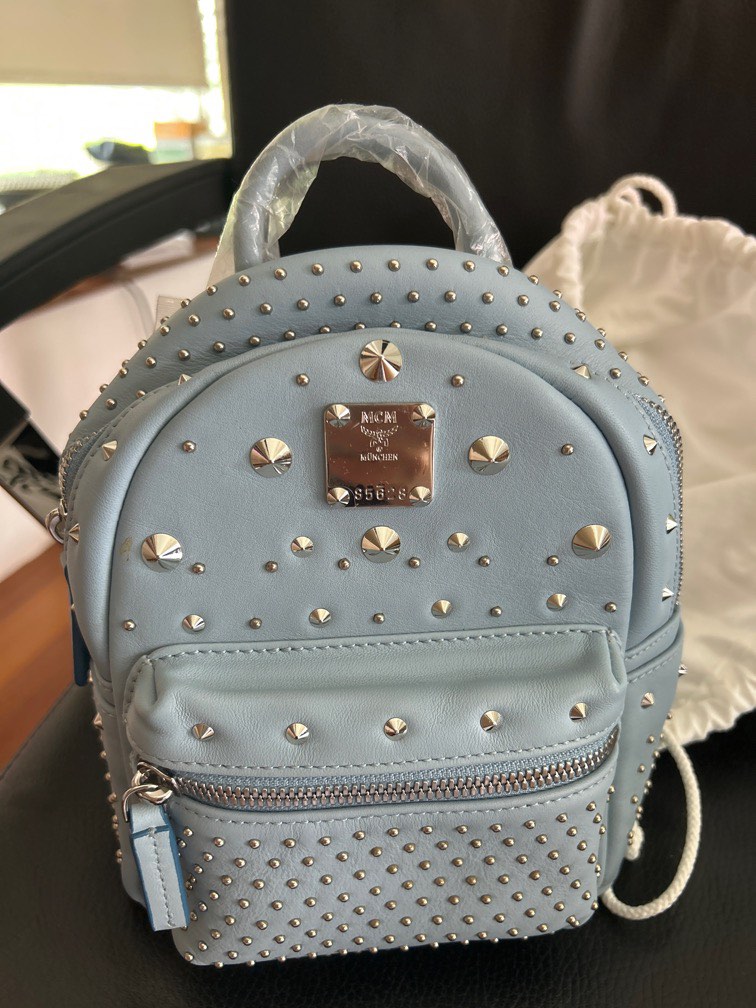 MCM Backpack, 'X MINI STARK - BEBE BOO' STUDDED LEATHER BACKPACK IN SKY ...