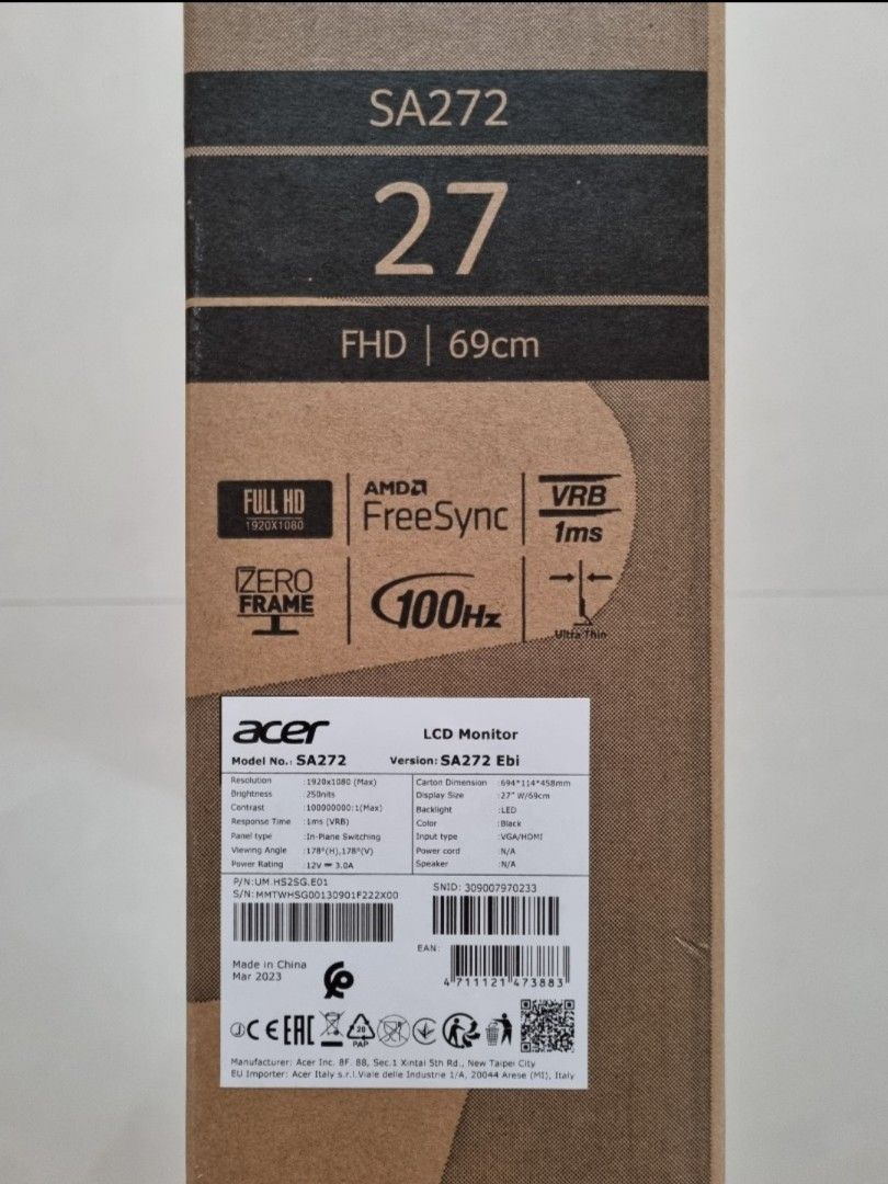 Acer IPS FHD 27" SA272 Ultra Slim Monitor 100Hz 1ms (2023 Model ...