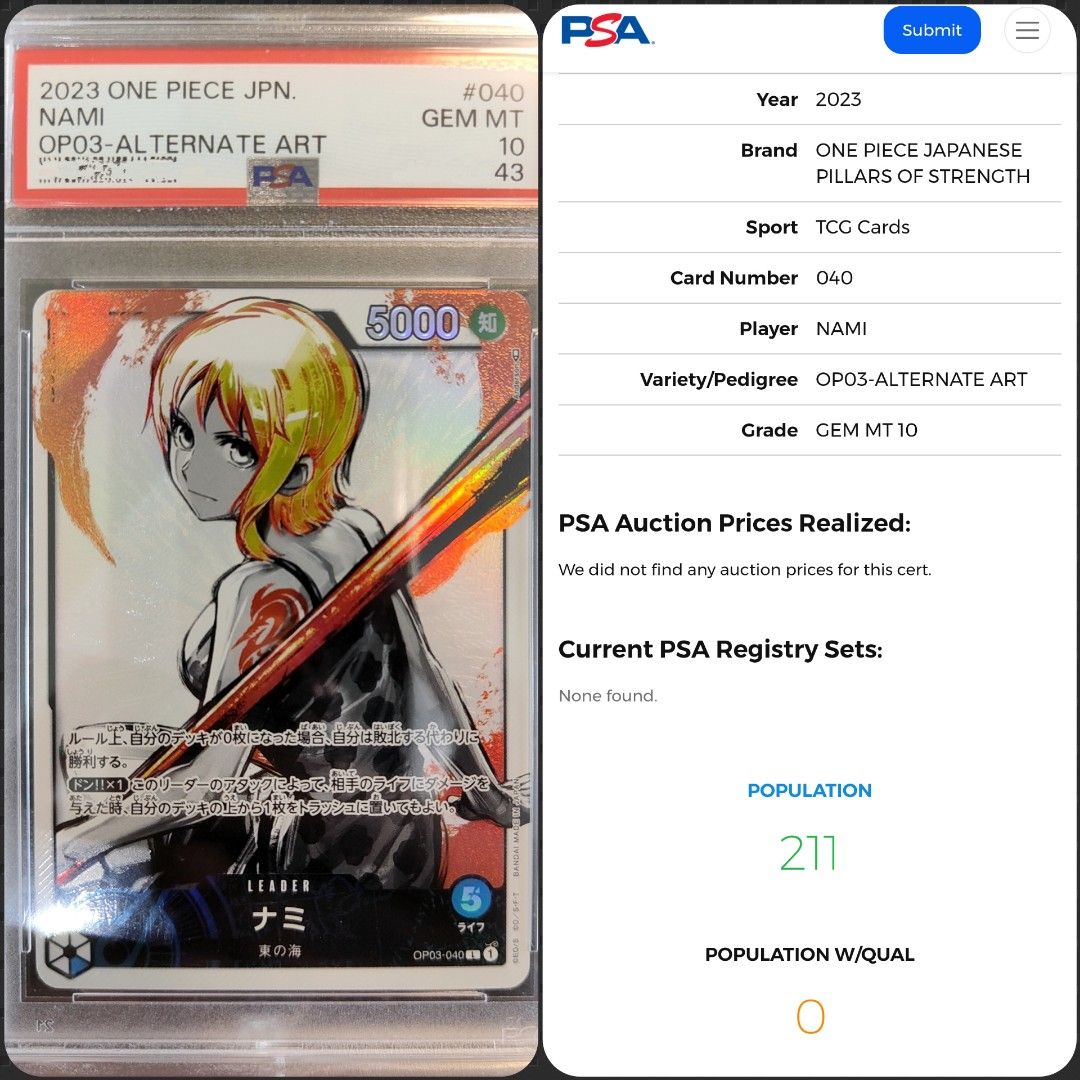 PSA 10 OP-03 Leader Nami, Hobbies & Toys, Toys & Games on Carousell