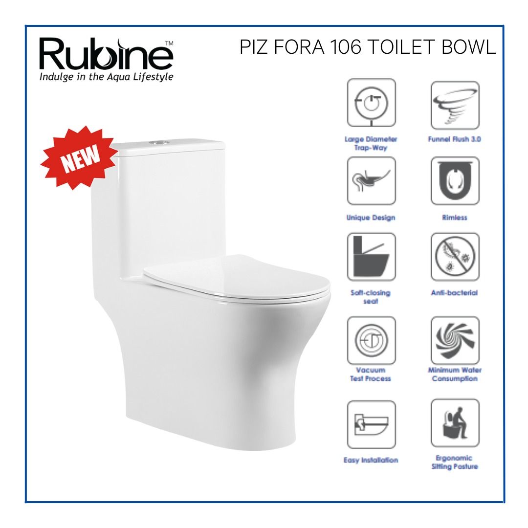 RUBINE Piz Fora 106 WC Rimless One Piece Funnel Flush Toilet Bowl ...