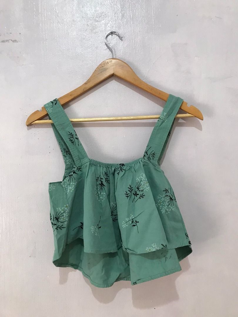 Sando Ruffled Hem Square Neck Cropped Top on Carousell