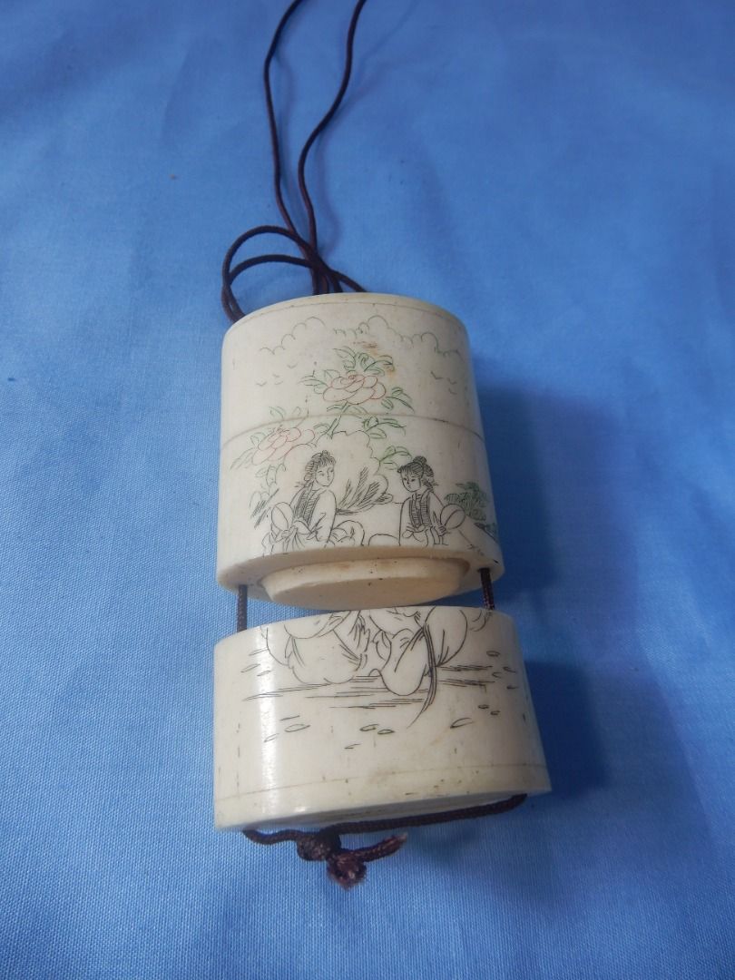 Vintage faux ivory resin netsuke Inro landscape hand carving circa mid ...