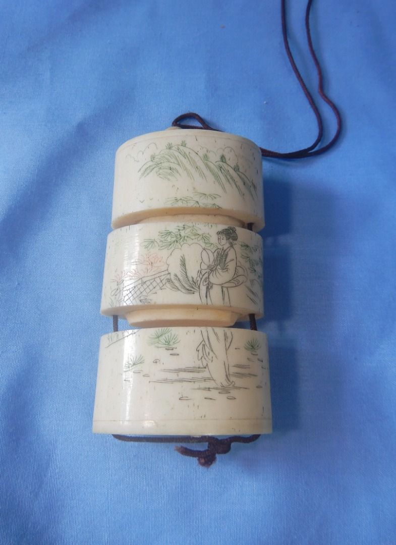 Vintage faux ivory resin netsuke Inro landscape hand carving circa mid ...