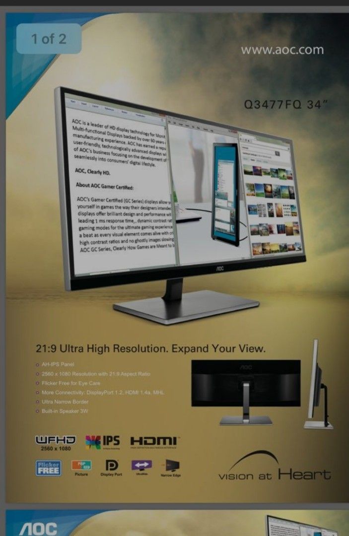 AOC gaming monitor 34" inch, Computers & Tech, Parts & Accessories ...