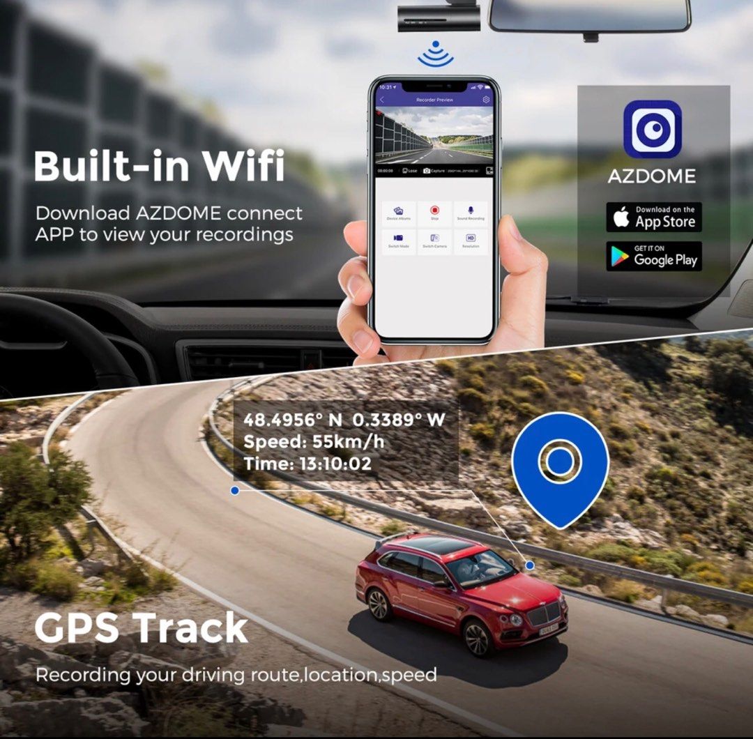 AZDOME M300S Dash Cam 4K+1080P Rear Camera 800MP Lens Built-in GPS WIFI ...