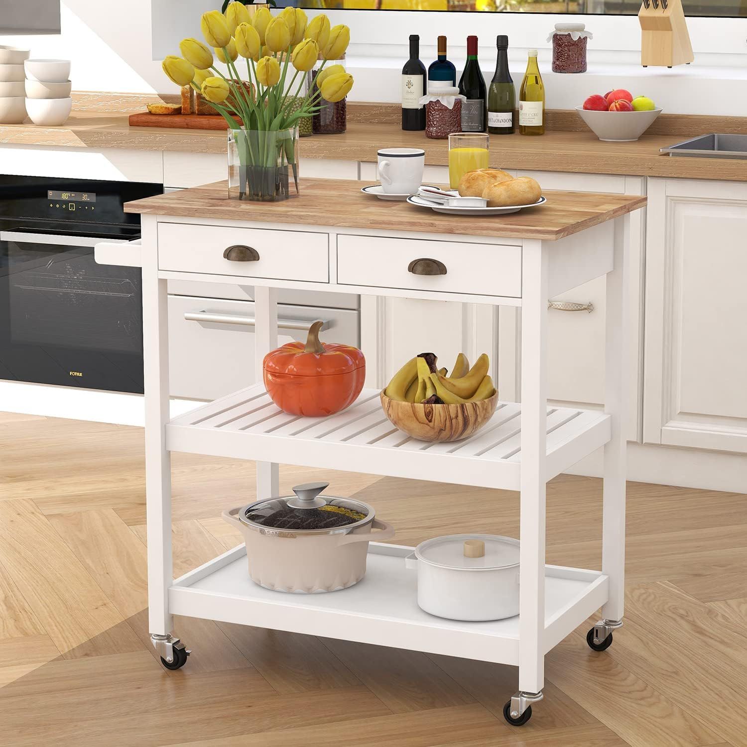 ChooChoo Rolling Kitchen Cart, Portable Kitchen Island Wood Top Kitchen ...