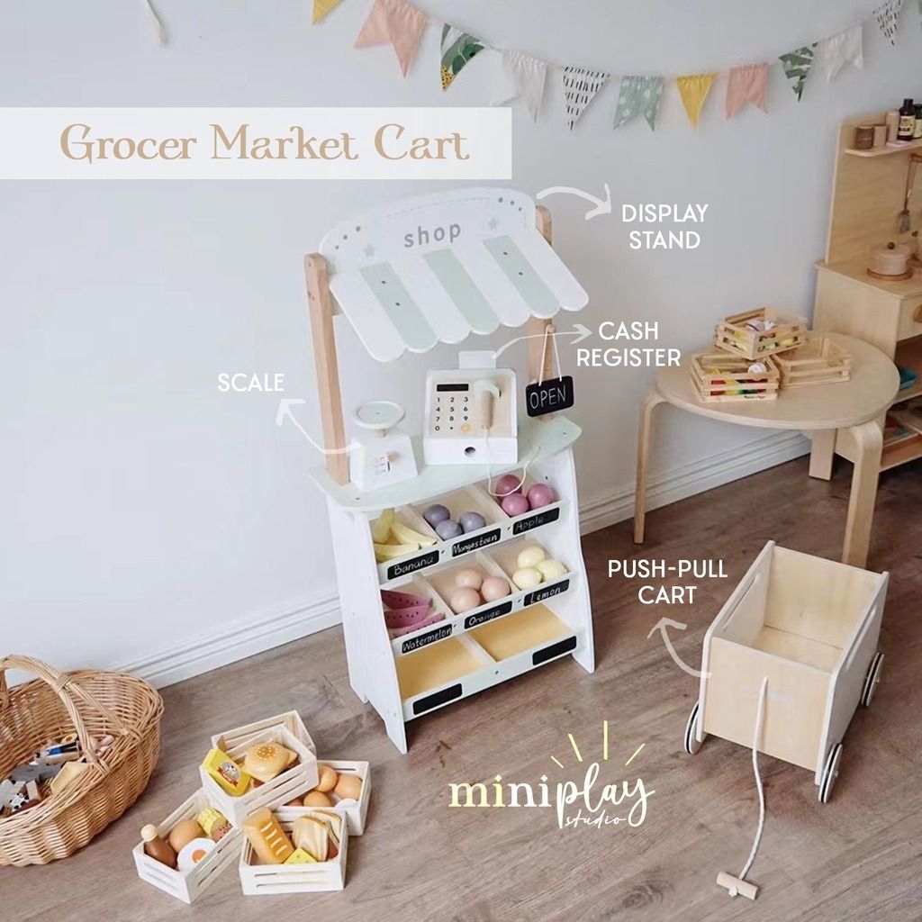 Grocer Market Booth Fruits Stand Shop & Cart Trolley Children Pretend ...