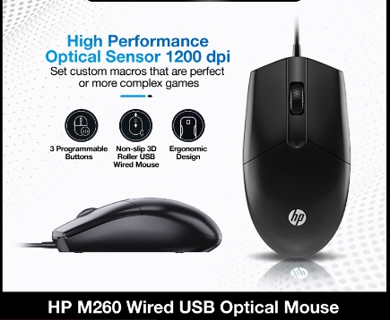 HP M260 High Performance Wired USB Mouse Optical Sensor 1200 DPI With ...