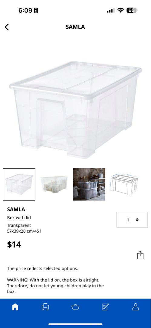 IKEA Storage Box SAMLA with Lid (45 L), Furniture & Home Living, Home ...