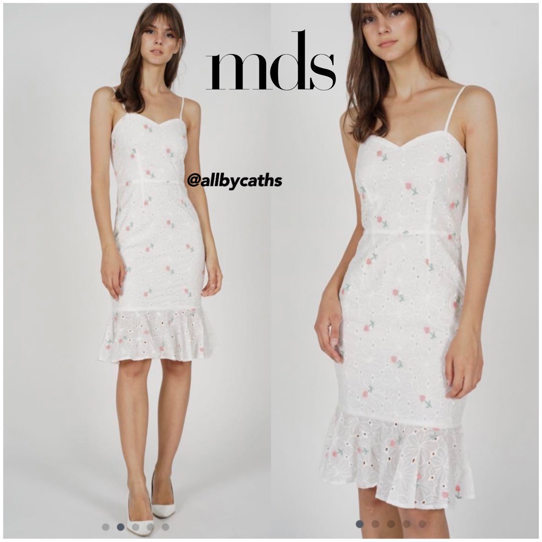 mds Gloria Mermaid Dress White Pink Floral Flower Eyelet Broderie Midi ...