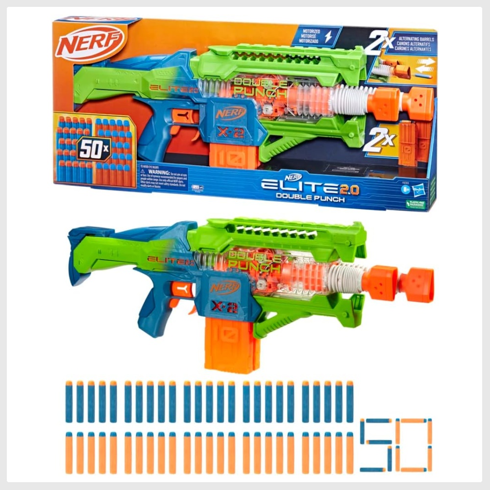 Nerf Elite 2.0 Double Punch Motorized Dart Blaster, Rapid Alternating ...