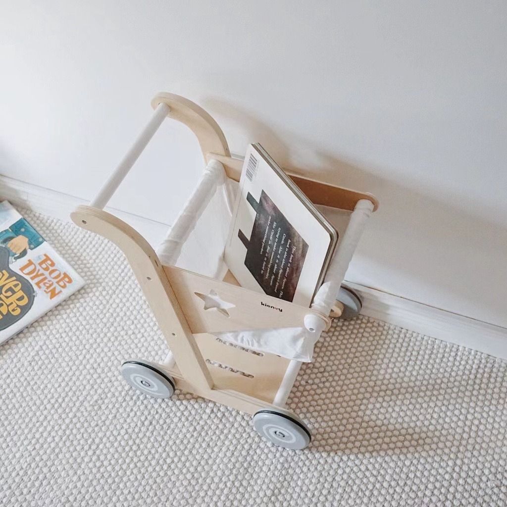 Push Walker Wooden Toy Shopping Trolley Cart & Basket Kids Toys Storage ...