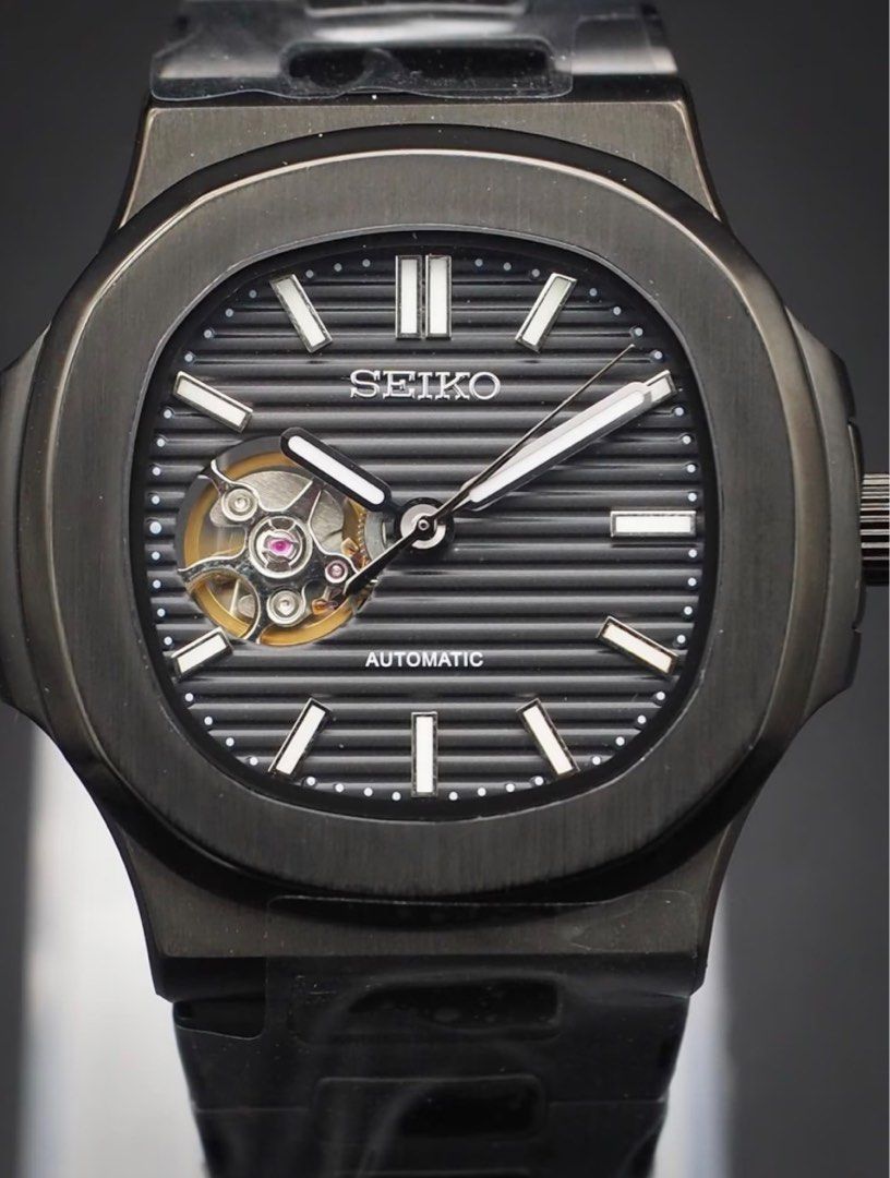 SEIKO MOD FULL BLACK NAUTILUS OPEN HEART 41MM, Men's Fashion, Watches ...