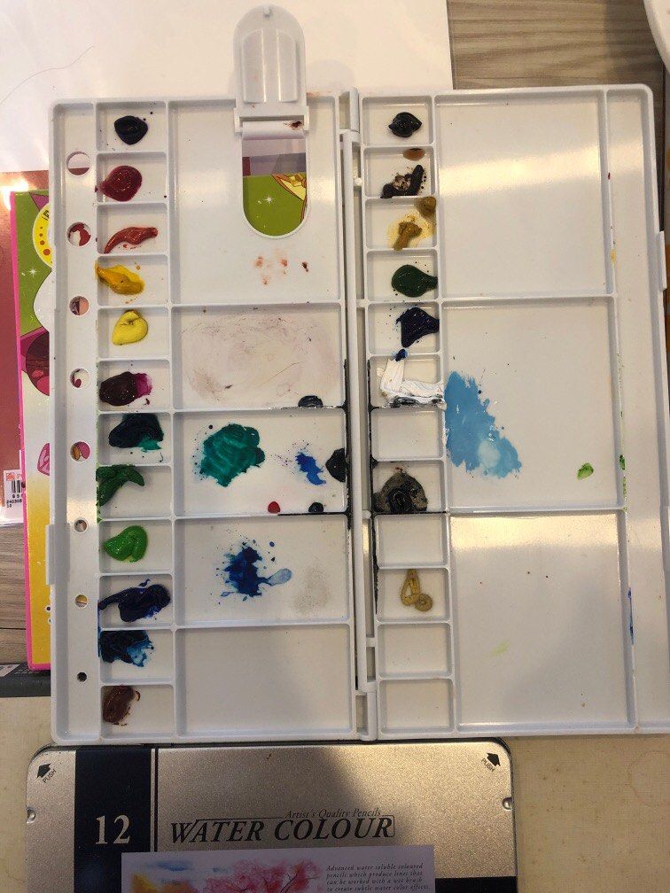 Water coloring materials (colors, papers, brushes, palettes etc ...