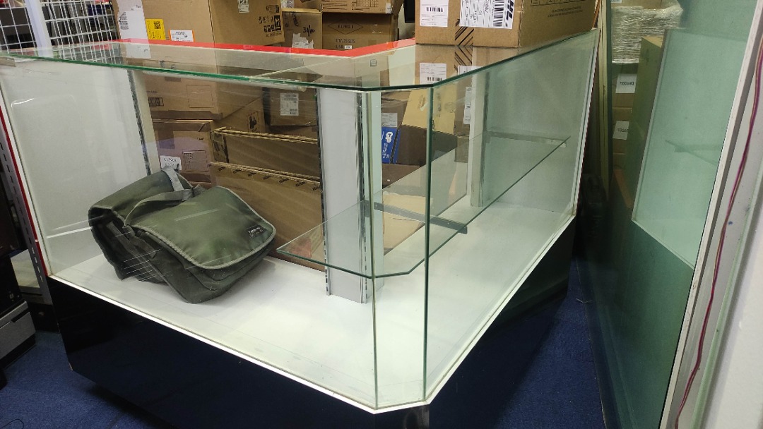 3 Months old L shape glass cabinet with caster wheels, Furniture & Home ...