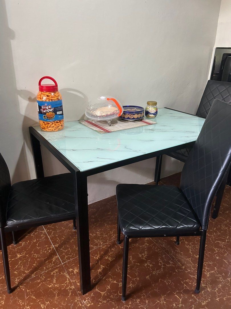 4 SEATER Rectangle Tempered Glass Dining Table White Marb le incl. 4 ...