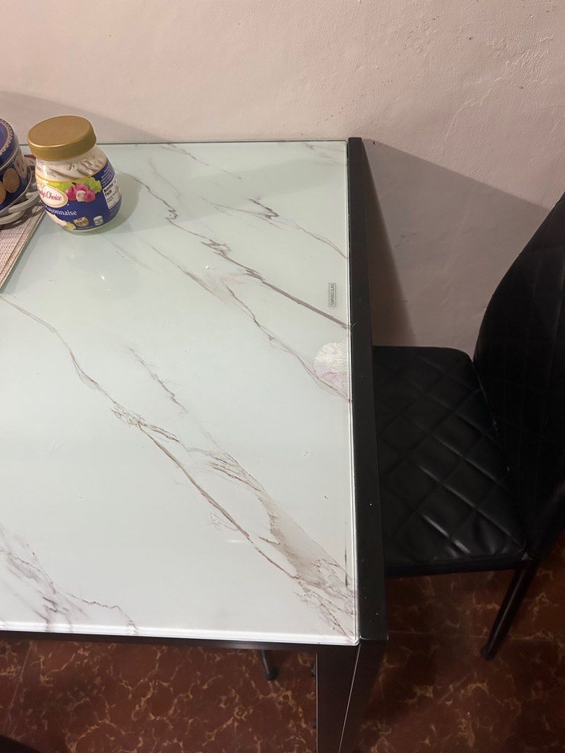 4 SEATER Rectangle Tempered Glass Dining Table White Marb le incl. 4 ...