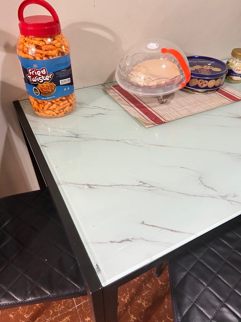 4 SEATER Rectangle Tempered Glass Dining Table White Marb le incl. 4 ...