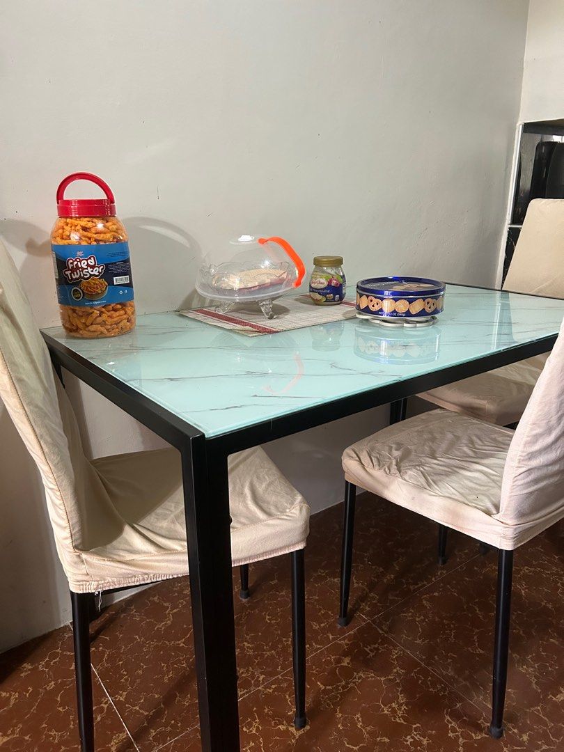 4 SEATER Rectangle Tempered Glass Dining Table White Marb le incl. 4 ...