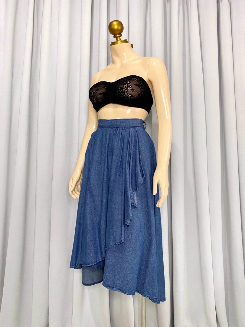 Asymmetrical Ruffle Garter Waist High Rise Soft Denim Maxi Long Skirt ...