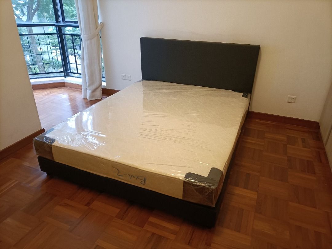 New Faux Leather Bed Frame + Queen-sized Foam Mattress, Furniture ...