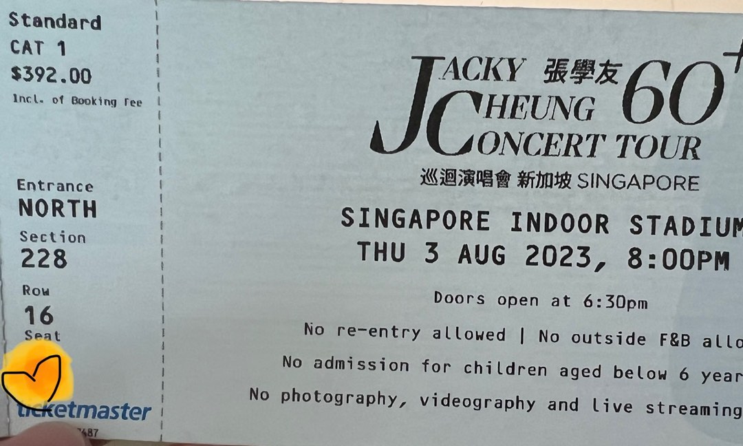 Jacky Cheung 3 Aug 2023 Cat 1 ticket, Tickets & Vouchers, Event Tickets on Carousell