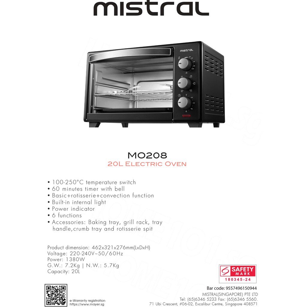 Mistral Electric Oven 1380W 20L MO208, TV & Home Appliances, Kitchen ...