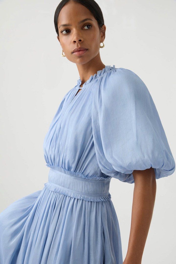 RTP820 Aje Elysium Blouson Midi Dress in Abstract Sunset and Steel Blue ...