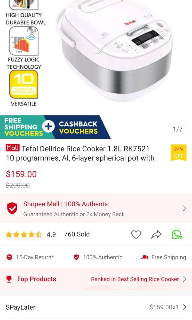 Tefal Rice cooker RK7521 1.8l AI Spherical bowl, TV & Home Appliances ...