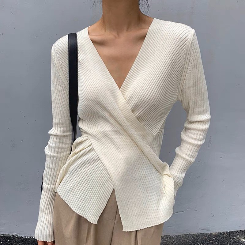V long sleeve ribbed, Women's Fashion, Tops, Longsleeves on Carousell