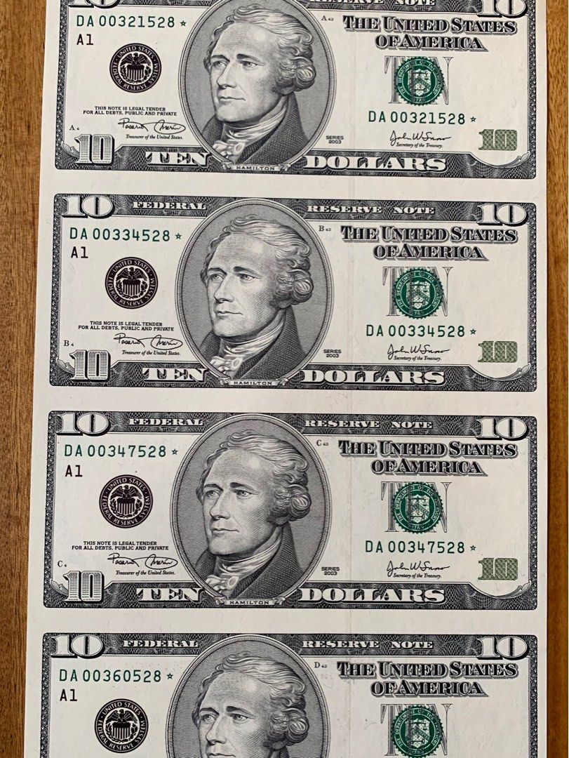 Four 10USD Notes Uncut Sheet Star Notes, Hobbies & Toys, Memorabilia ...