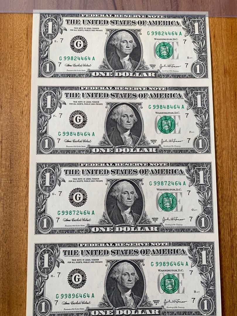 Four 1USD Notes Uncut Sheet, Hobbies & Toys, Memorabilia & Collectibles ...