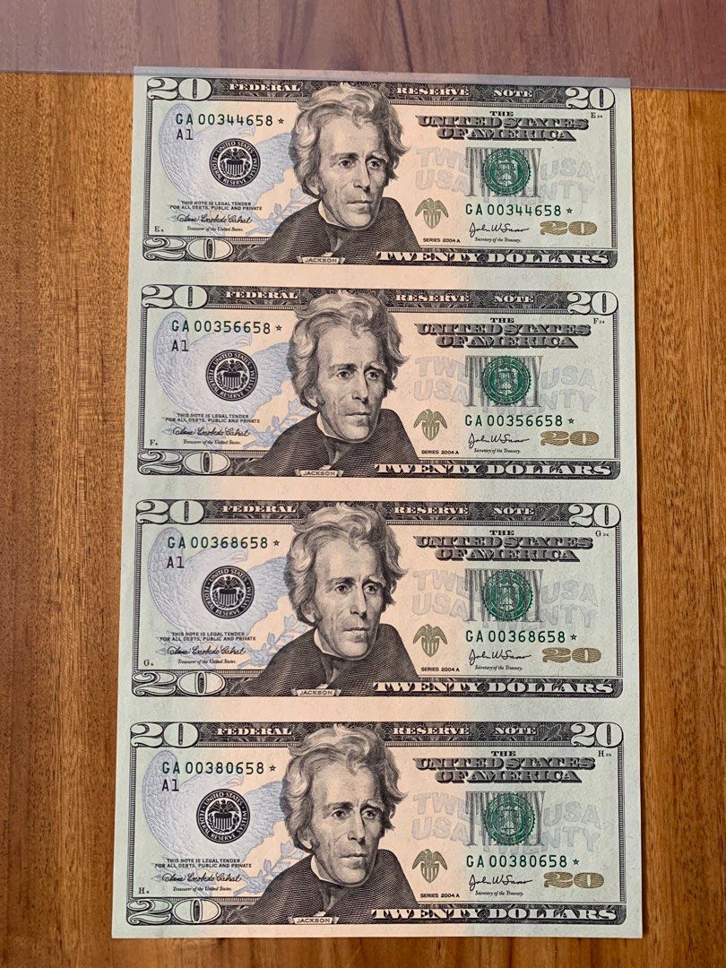 Four 20USD Notes Uncut Sheet Star Notes, Hobbies & Toys, Memorabilia ...