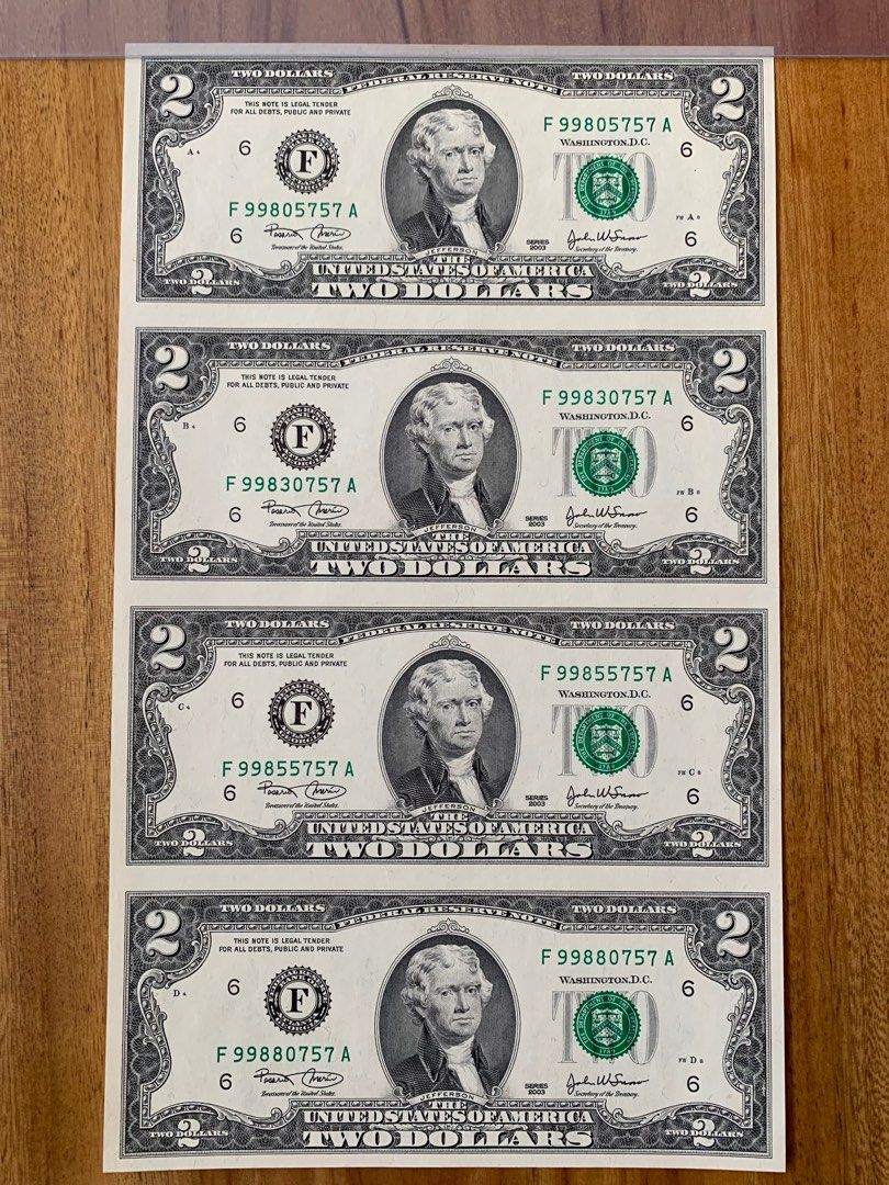 Four 2USD notes Uncut Sheet, Hobbies & Toys, Memorabilia & Collectibles ...