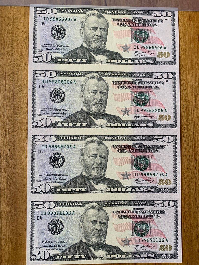 Four 50 USD notes Uncut Sheet, Hobbies & Toys, Memorabilia ...