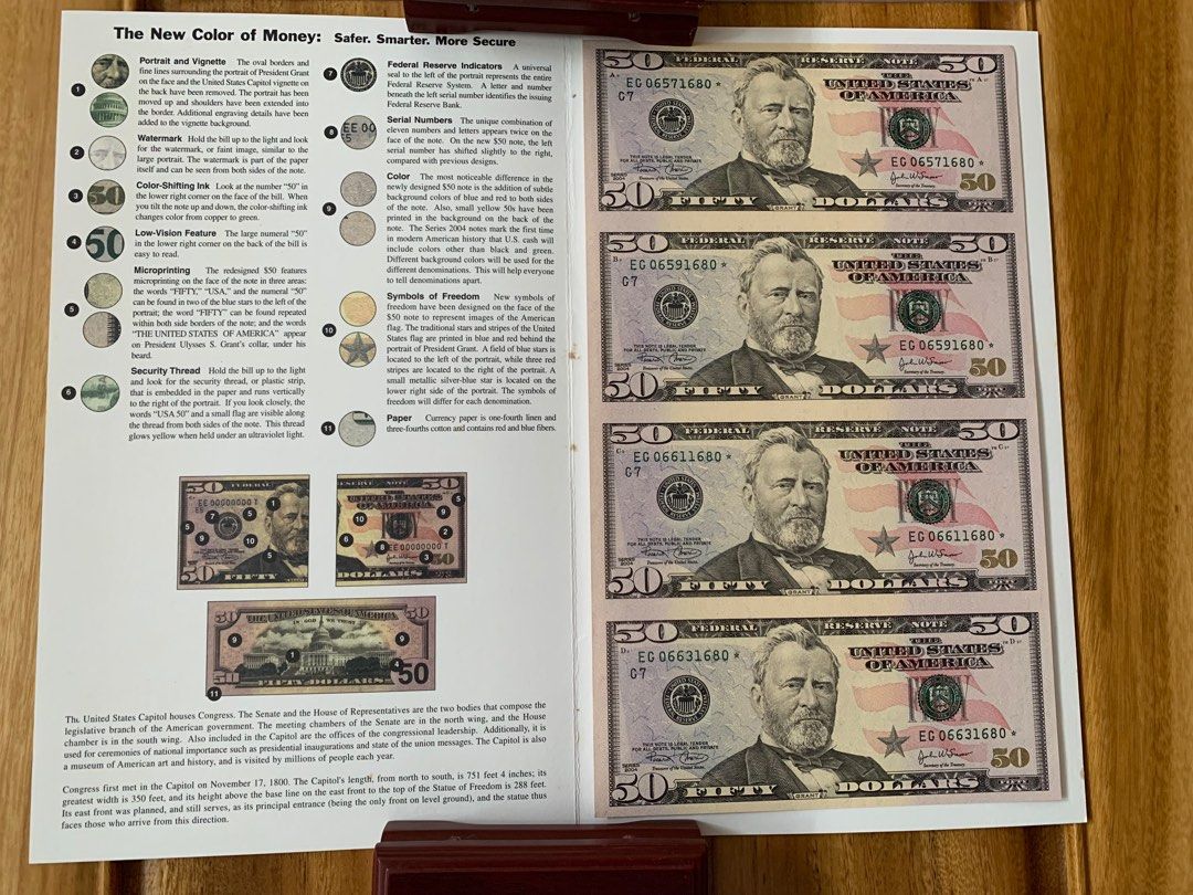 Four 50USD Note Sheet Uncut Currency - Bureau of Engraving and Printing ...