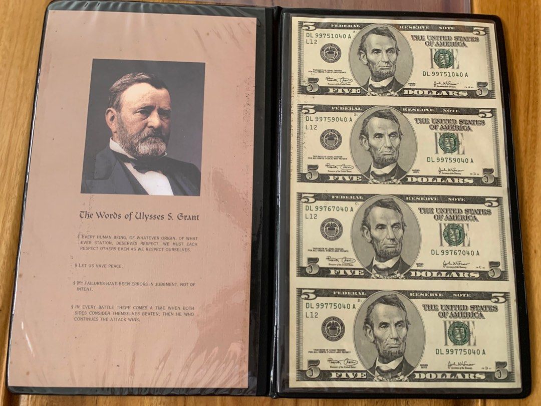 Four 5 USD Notes Uncut Sheet w/ folder, Hobbies & Toys, Memorabilia ...