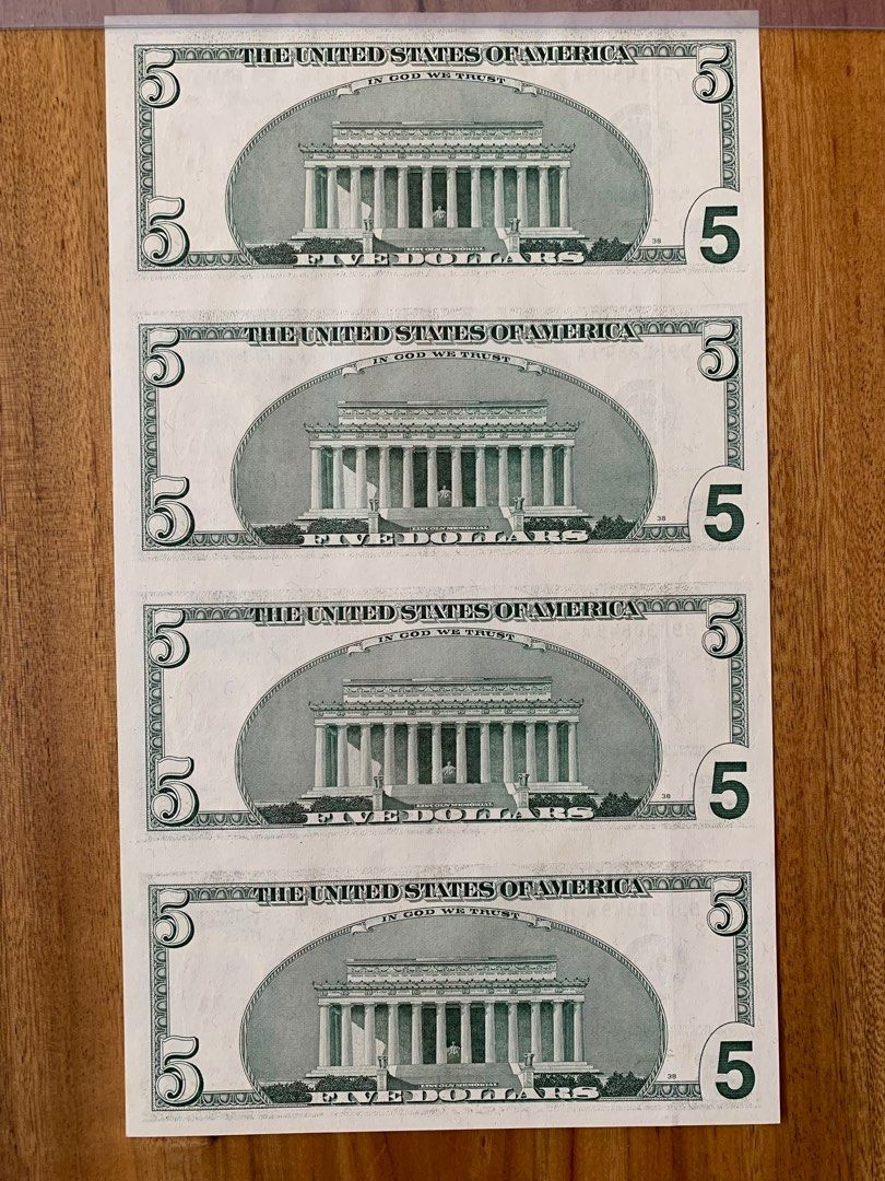 Four 5USD notes Uncut Sheet, Hobbies & Toys, Memorabilia & Collectibles ...