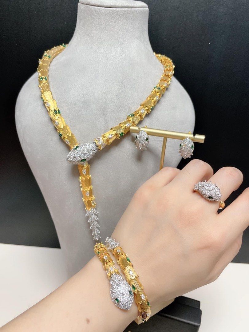 Gala-Ready: Serpenti Snake Necklace Set in Ruby and Emerald - Korean High-Fashion!, Women's ...