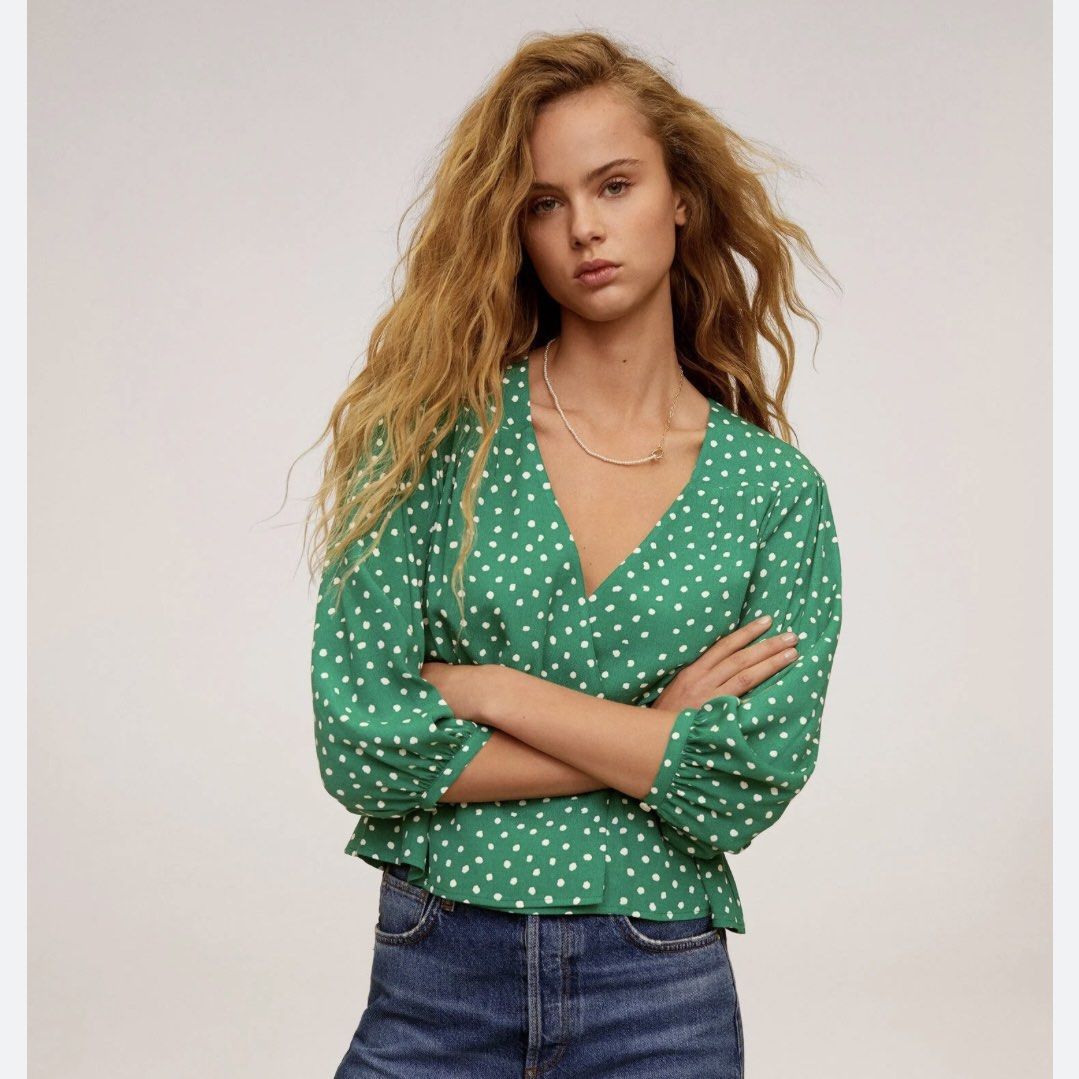 Mango Green Polka dot Top, Women's Fashion, Tops, Blouses on Carousell