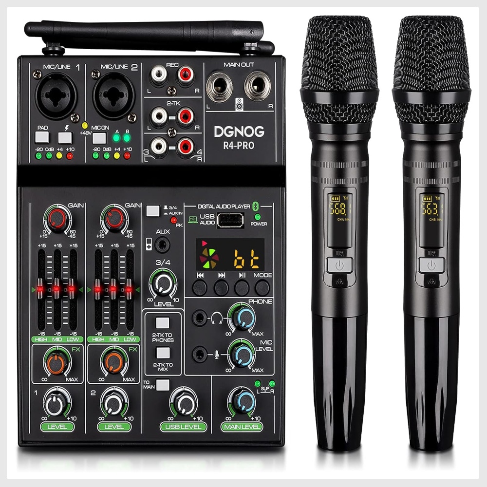 Professional Audio Mixer, 4 Channel Sound Mixer With Dual Wireless Mic ...
