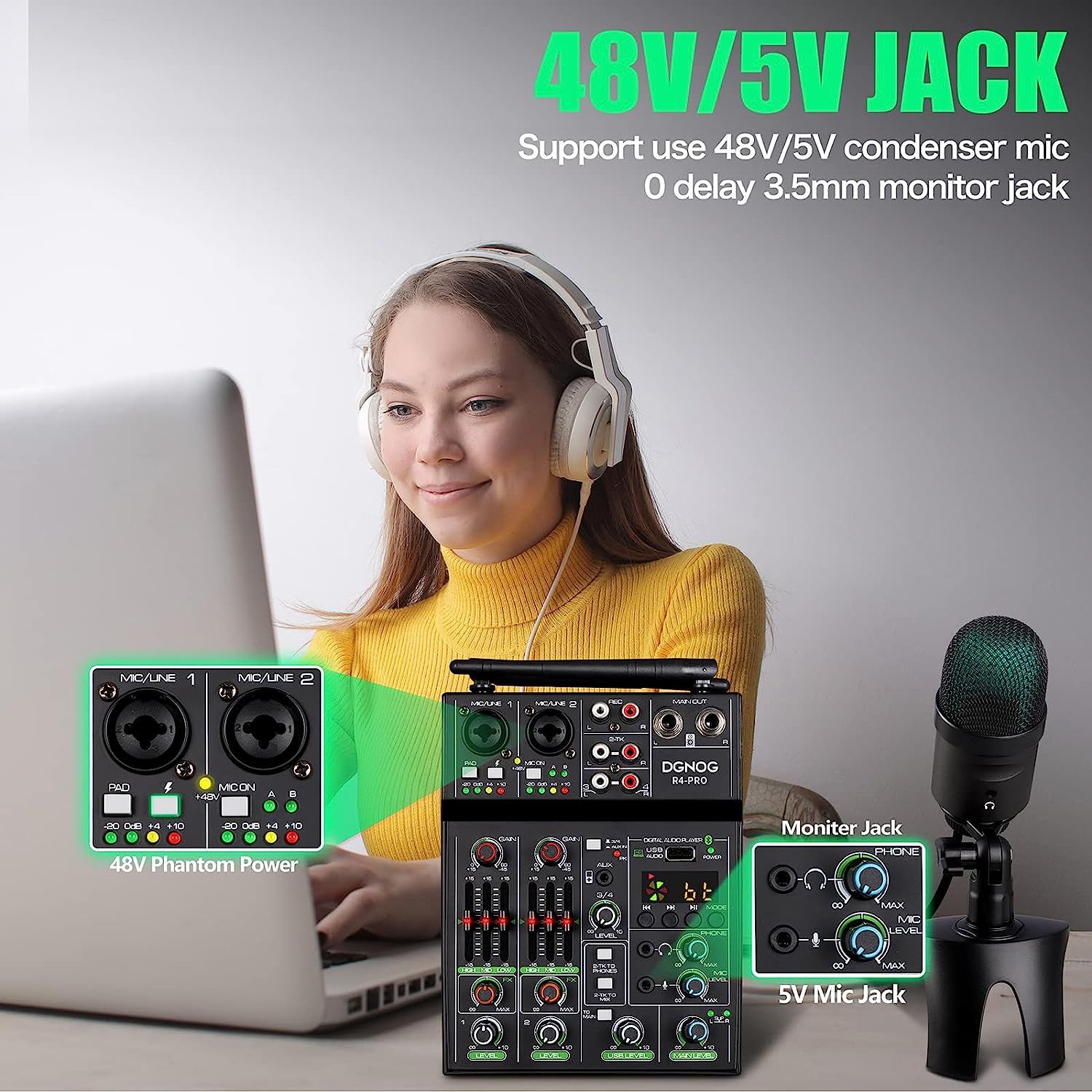 Professional Audio Mixer, 4 Channel Sound Mixer With Dual Wireless Mic ...