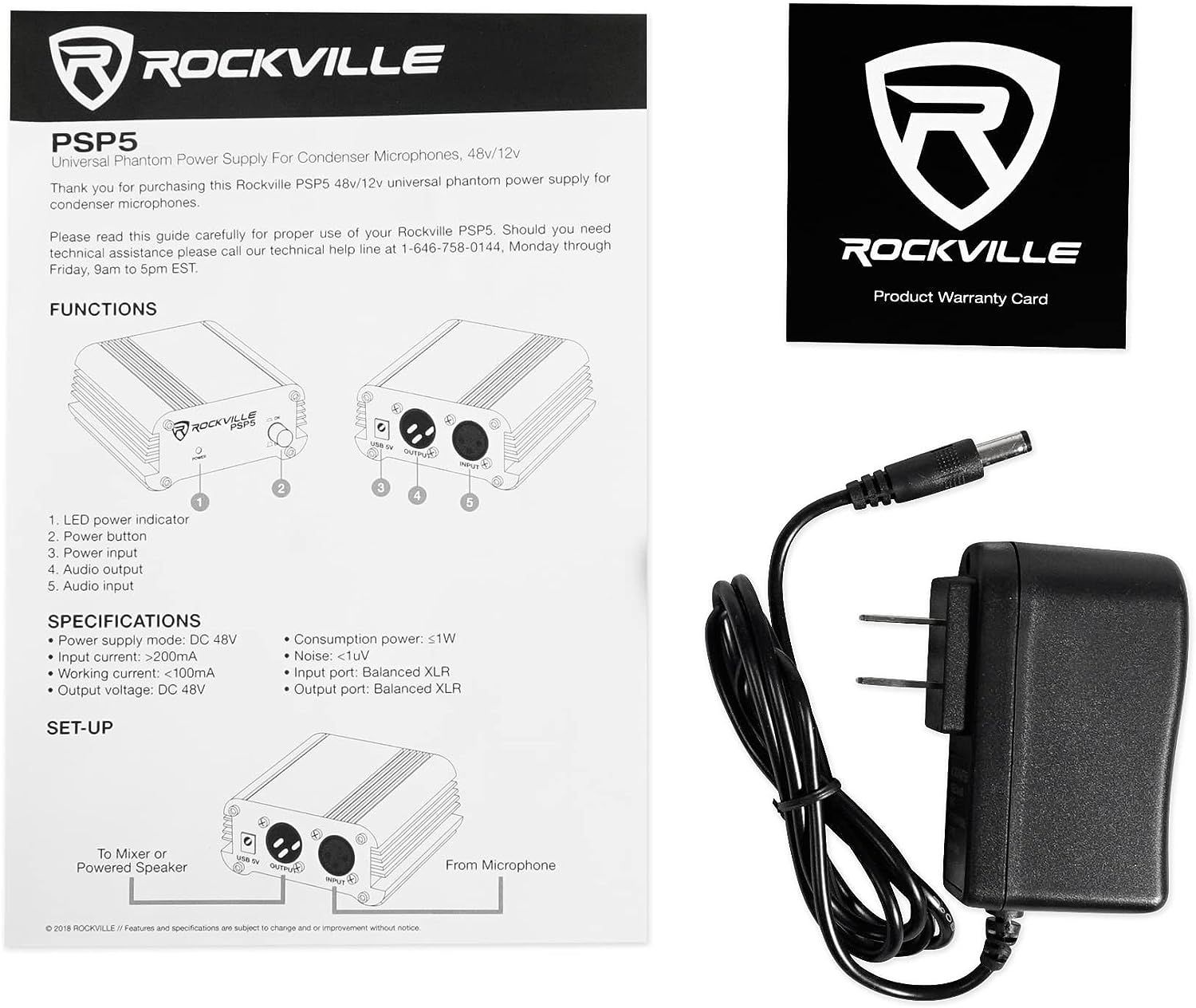 Rockville PSP5 Universal 48V Phantom Power Supply Box For Condenser ...
