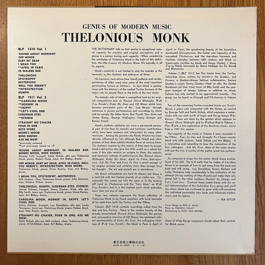 Thelonious Monk – Genius Of Modern Music Volume 1 Vinyl (Jap 1970 ...