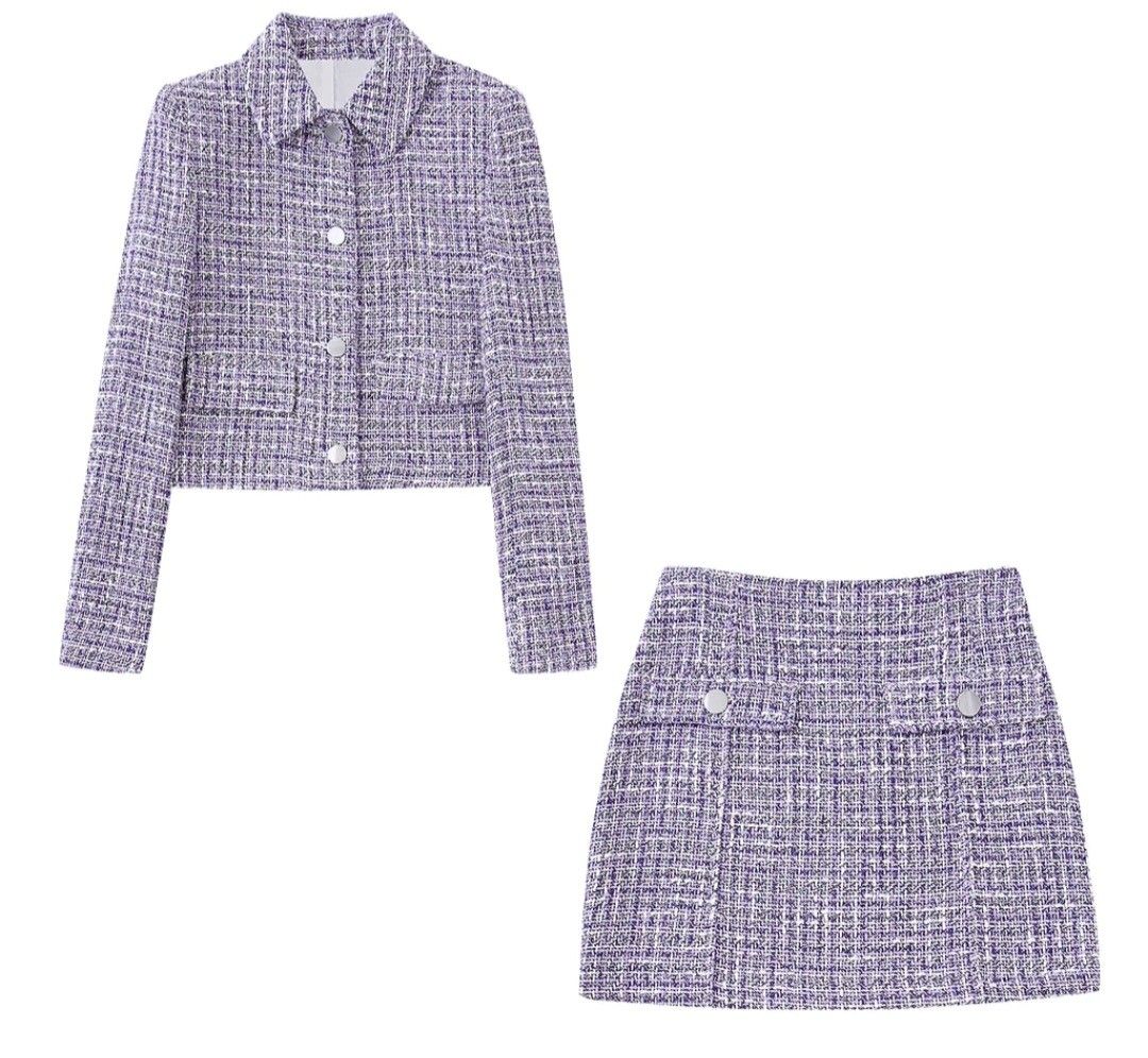Zara Design purple tweed Jacket and Skirt set, Women's Fashion, Dresses ...